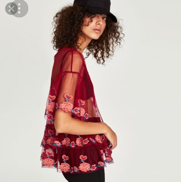 Zara | Tops | Zara Floral Ruffle Embroidered Tulle Top | Poshmark